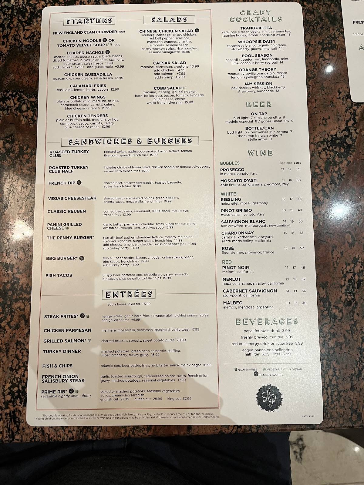 Menu at Lucky Penny at Red Rock restaurant, Las Vegas, W Charleston Blvd