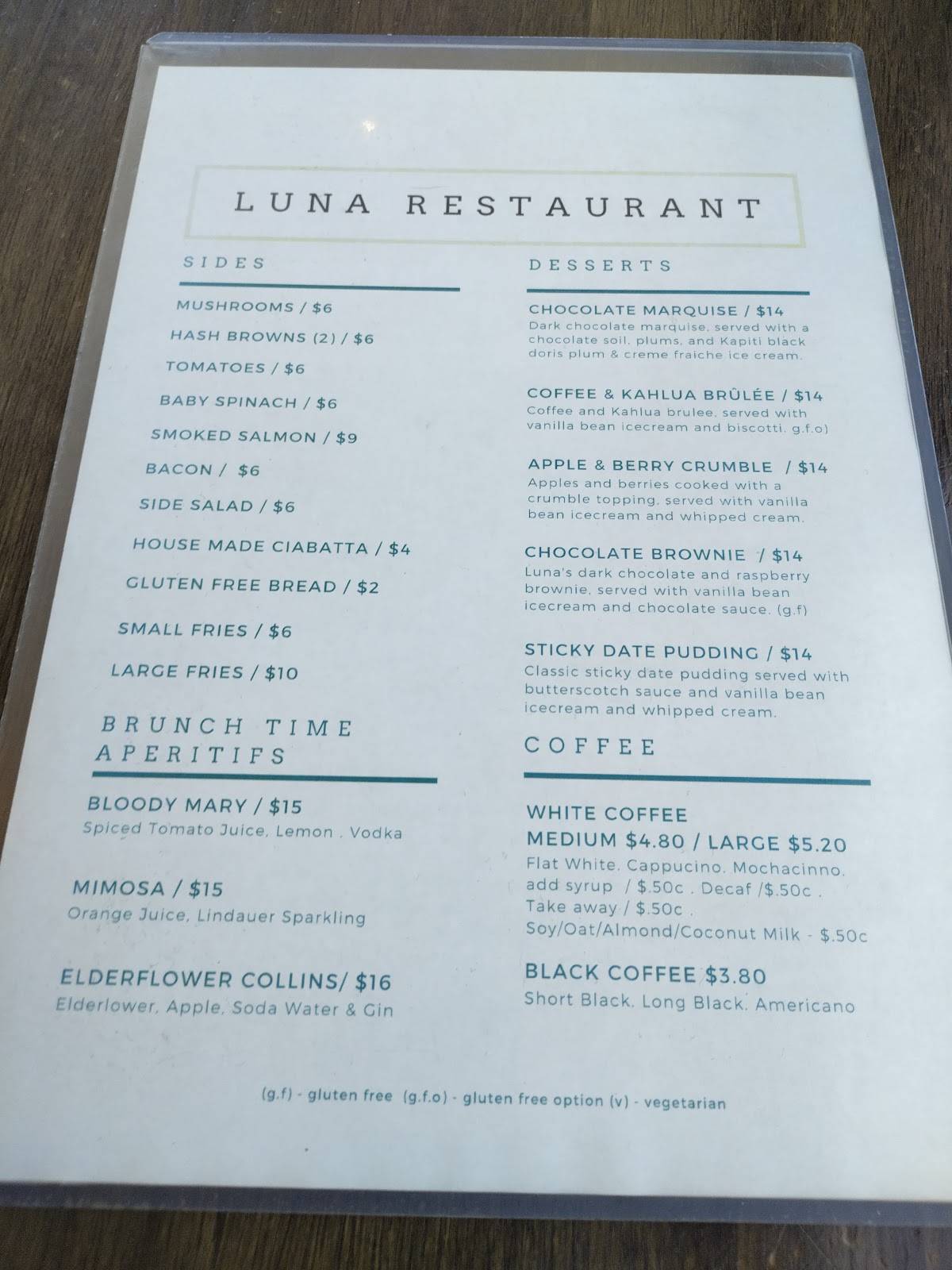 Menu at Luna Bar and Restaurant, Dunedin