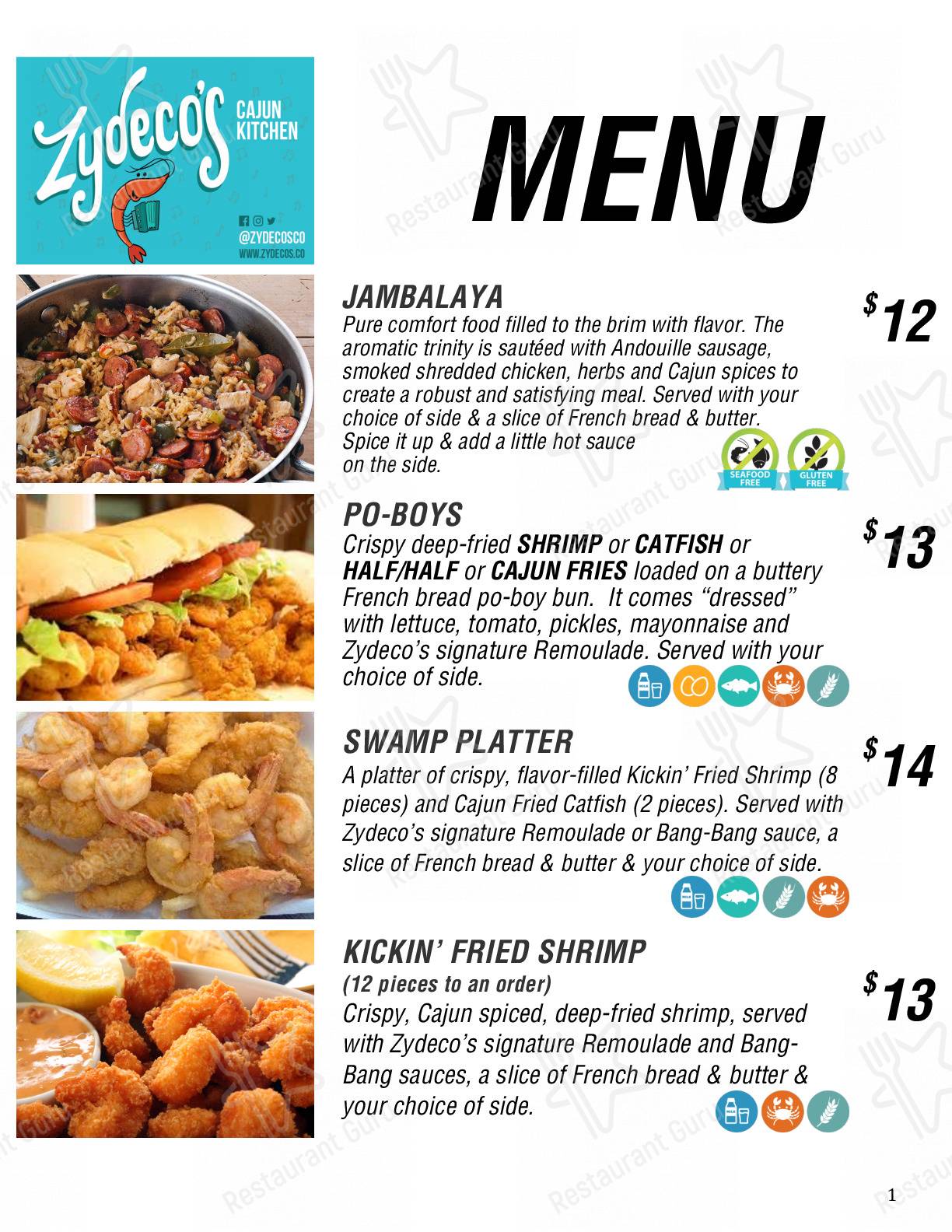Menu at Zydeco's Cajun Kitchen cafe, Moberly