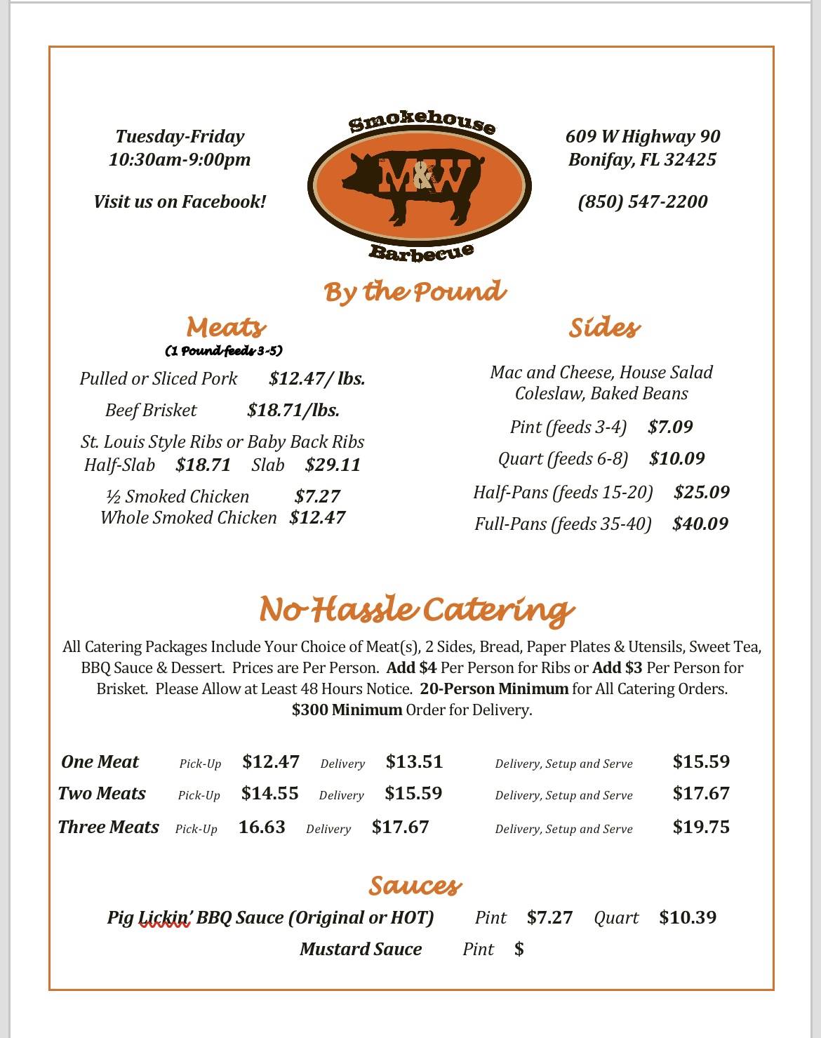 Menu at M & W Bbq, Bonifay, 503 S Waukesha St