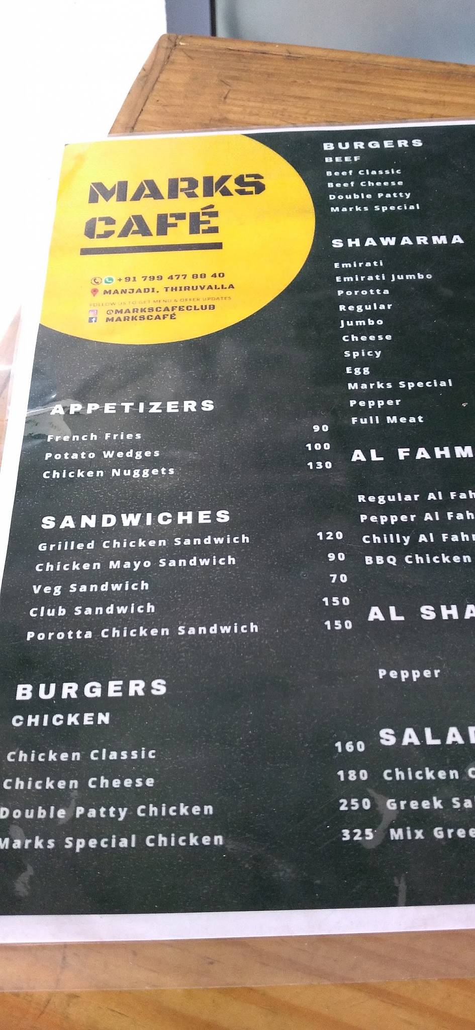 Menu at MARKS CAFÉ, Thiruvalla