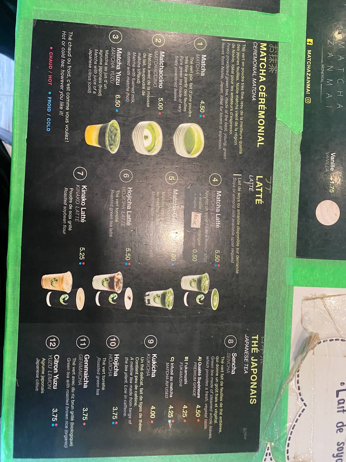 Menu at MATCHA ZANMAI desserts, Montréal
