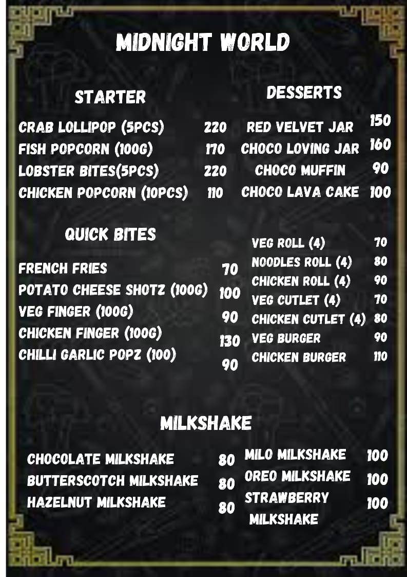 Menu at MIDNIGHT WORLD, Chennai