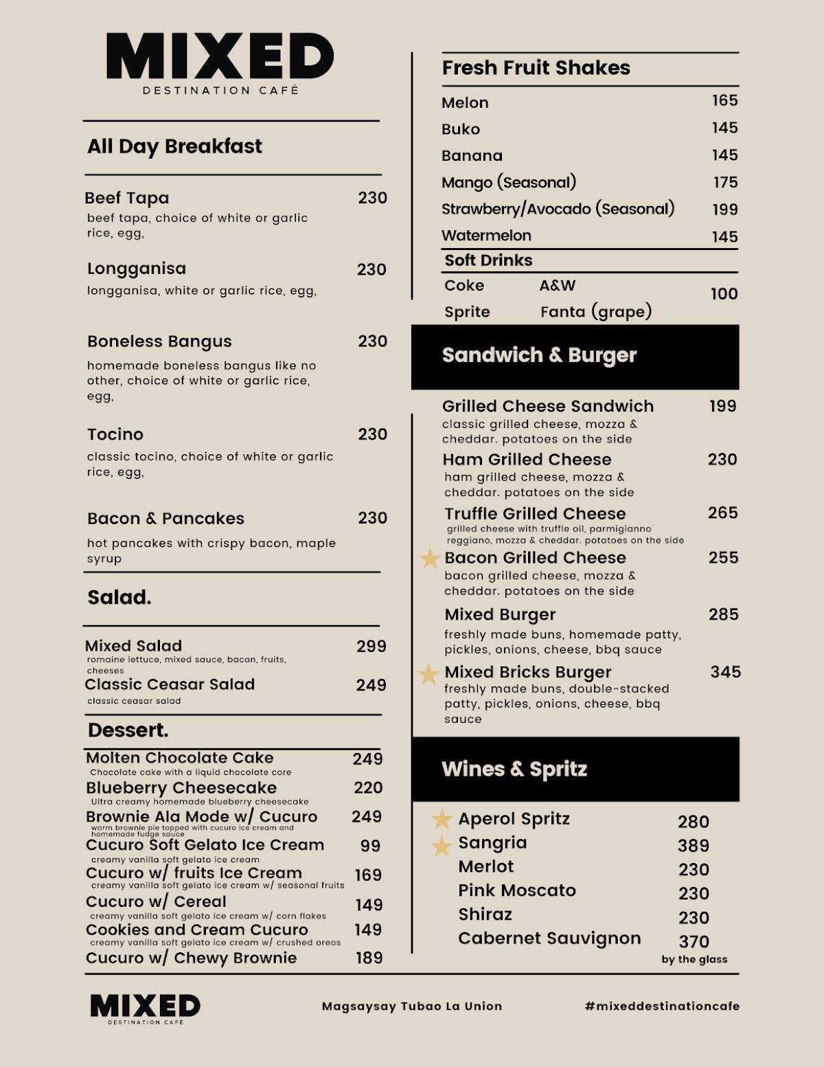 Menu at MIXED Destination Café 2025 August 26 restaurant, Tubao