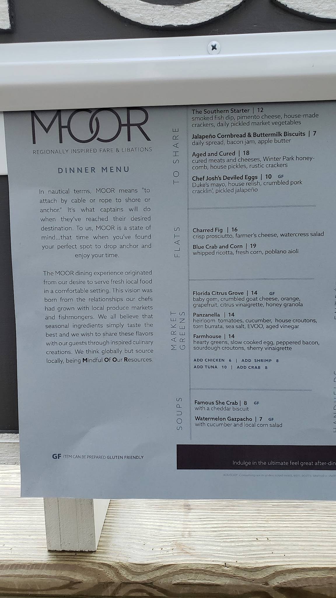 Menu at MOOR restaurant, Kissimmee