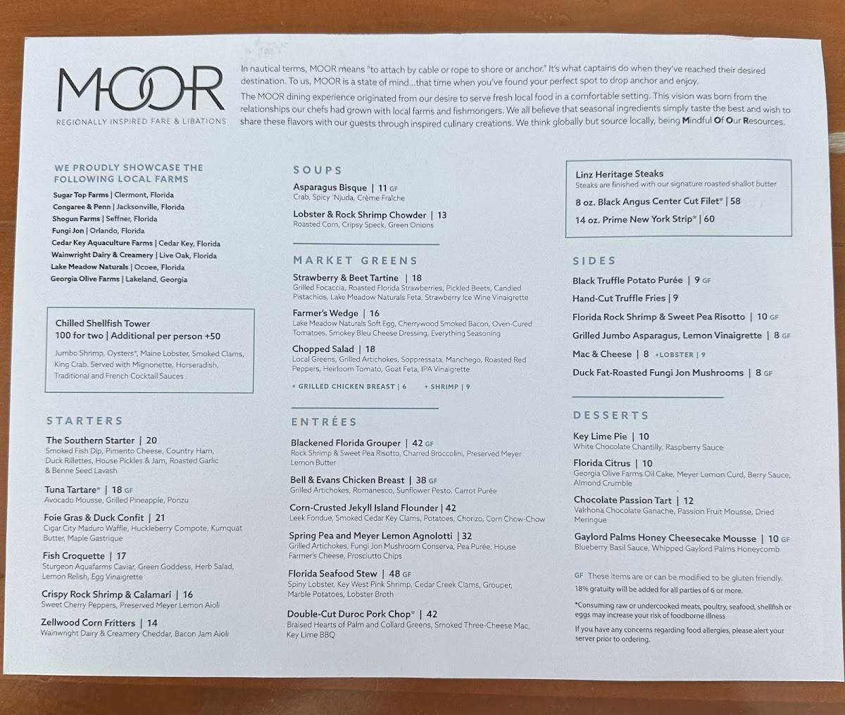Menu at MOOR restaurant, Kissimmee