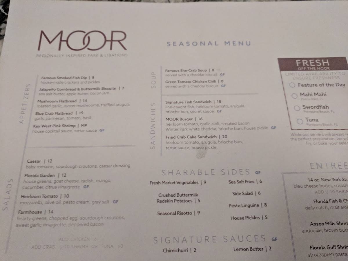 Menu at MOOR restaurant, Kissimmee