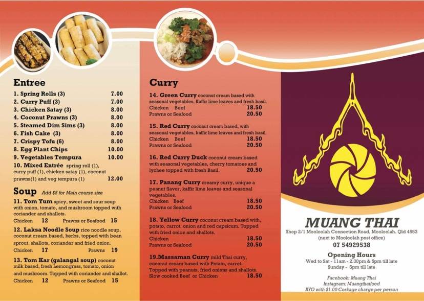 Menu at Muang Thai restaurant, Mooloolah Valley, 2 Karanne Dr