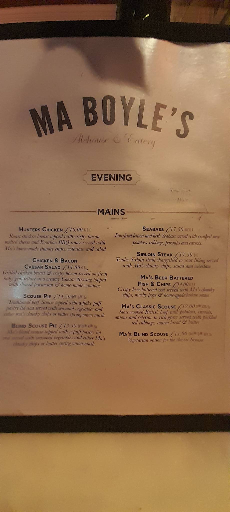 Menu at Ma Boyle's Alehouse and Eatery pub & bar, Liverpool