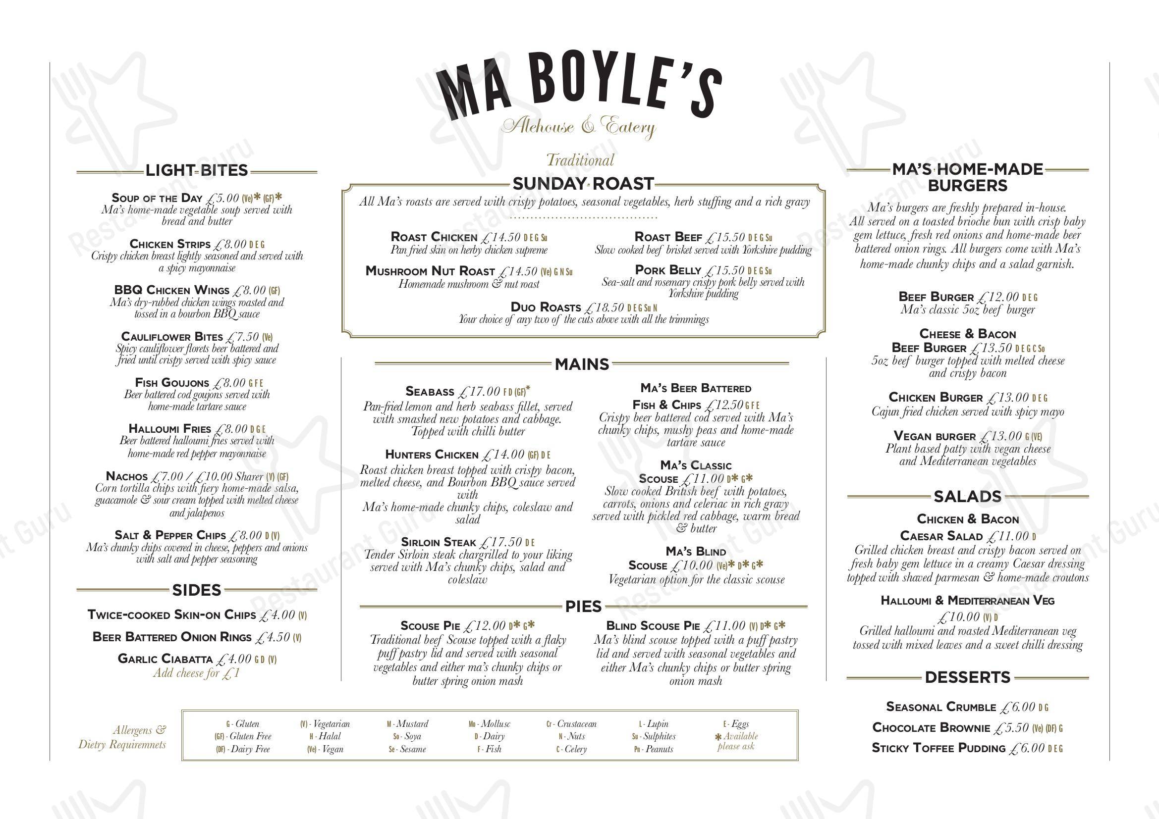 Menu at Ma Boyle's Alehouse and Eatery pub & bar, Liverpool