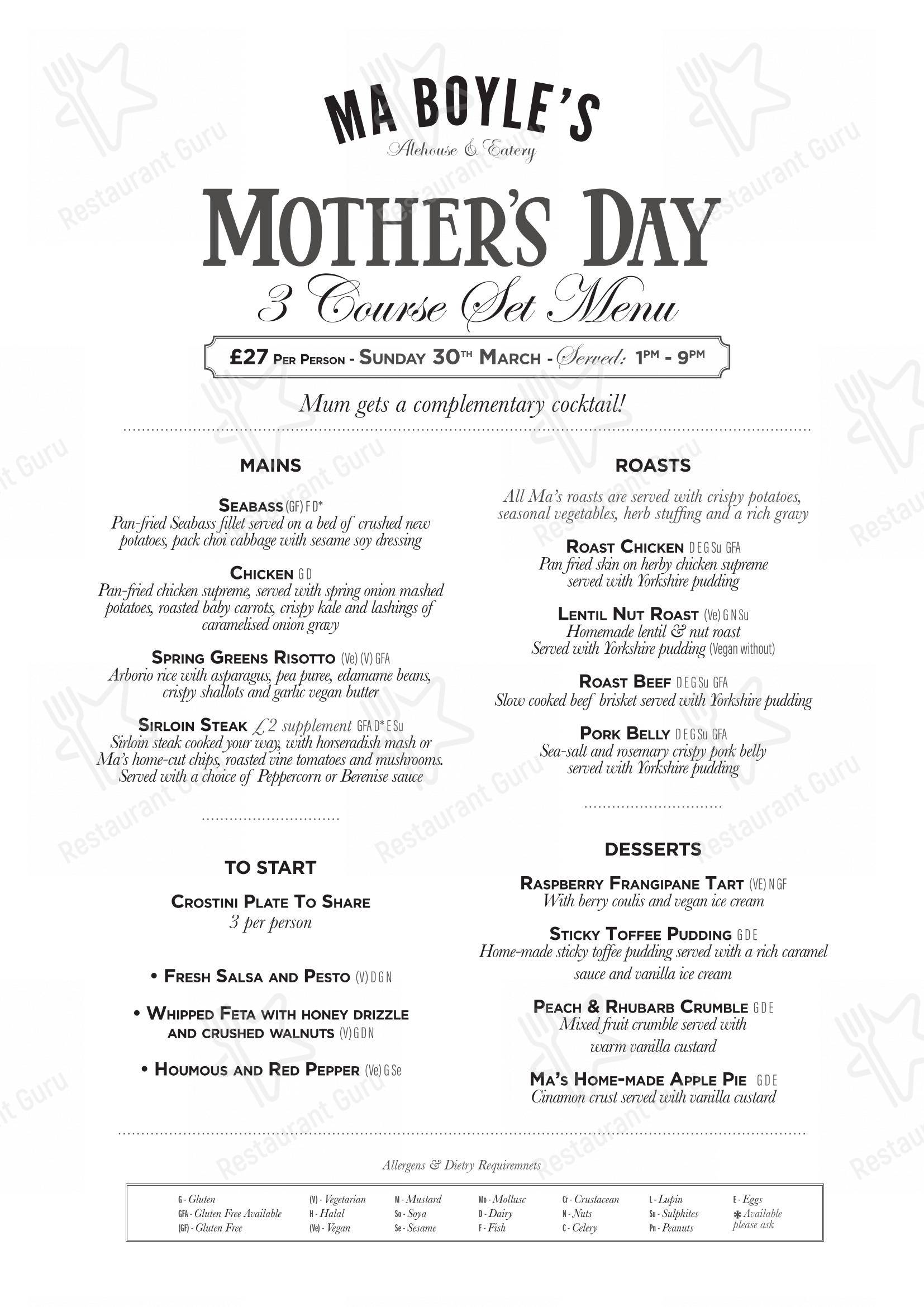 Menu at Ma Boyle's Alehouse and Eatery pub & bar, Liverpool