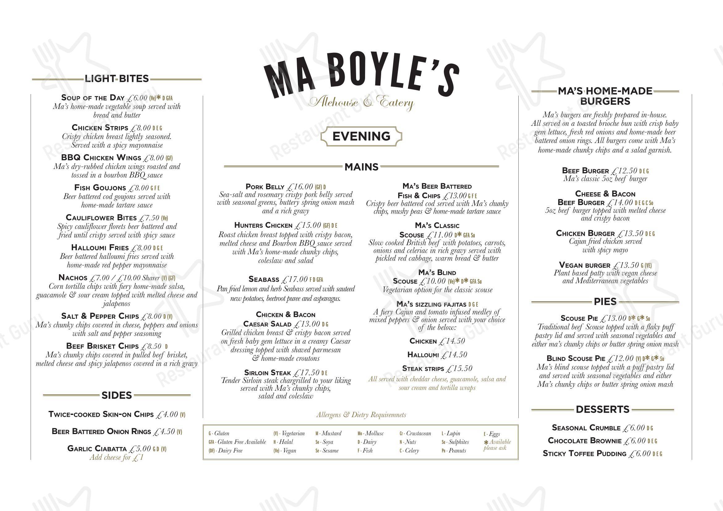 Menu at Ma Boyle's Alehouse and Eatery pub & bar, Liverpool
