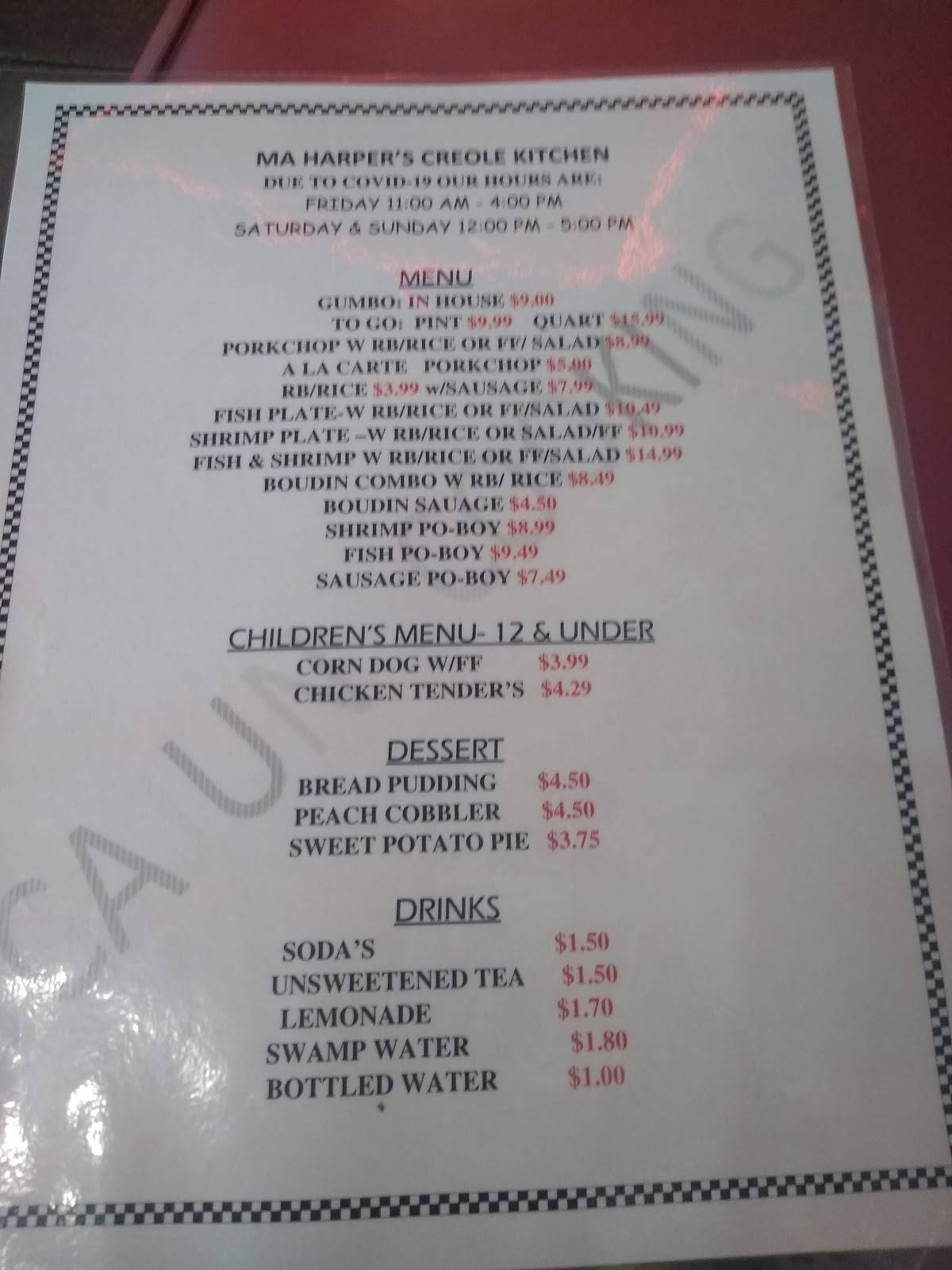 Menu at Ma Harper's Creole Kitchen desserts, San Antonio