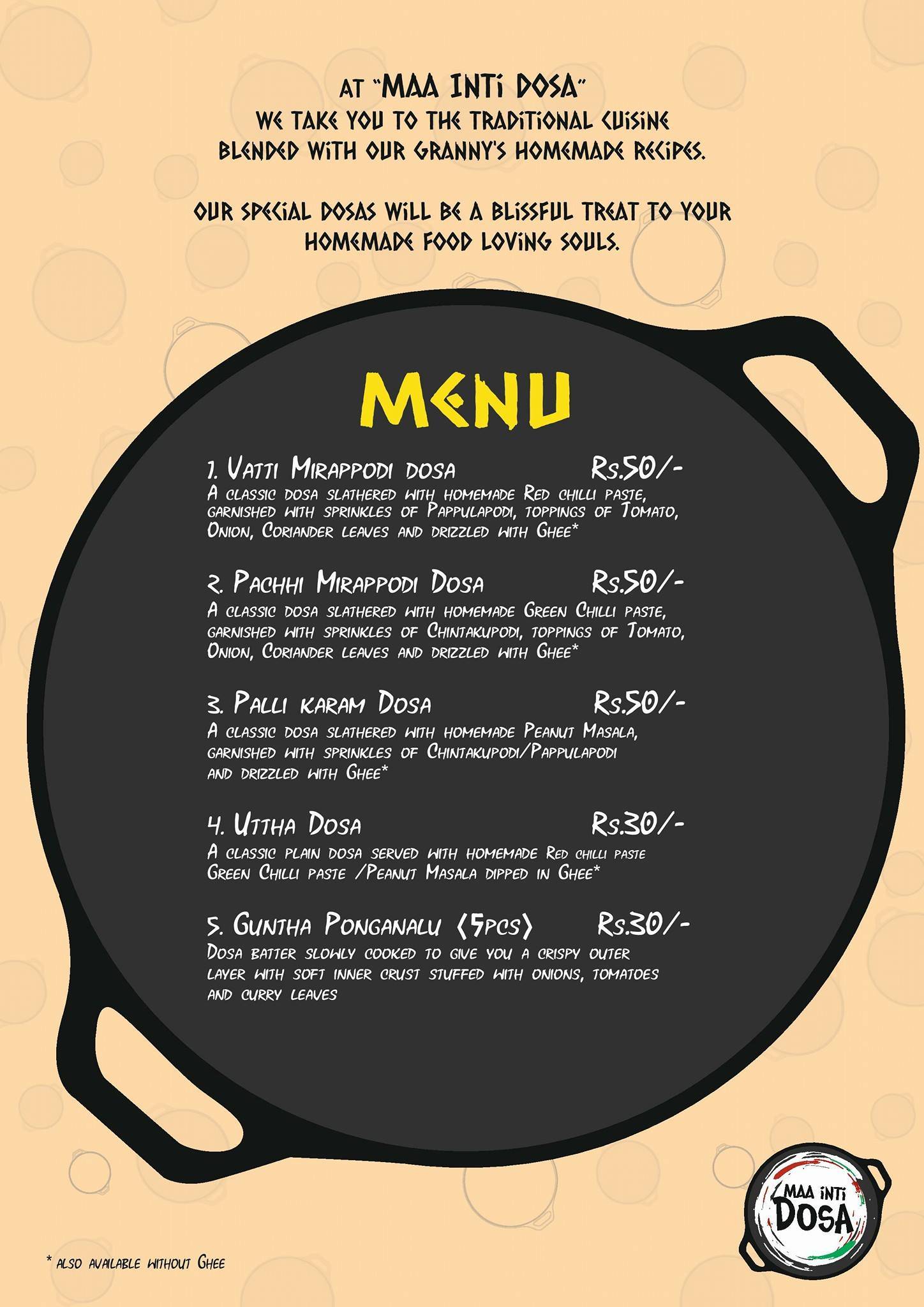 Menu at Maa Inti Dosa, Hyderabad