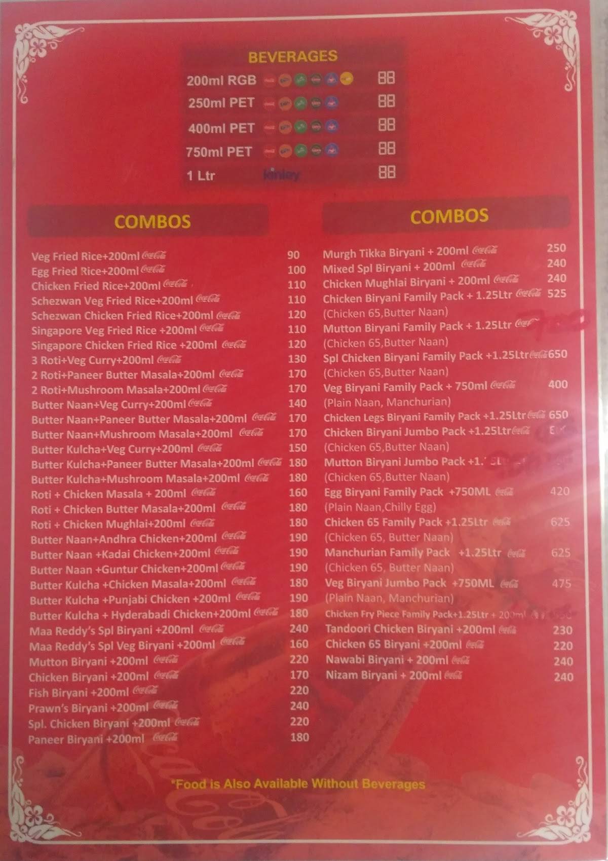 Menu at Maa Reddy's Hyderabad Biryani House, Bengaluru, 59/2