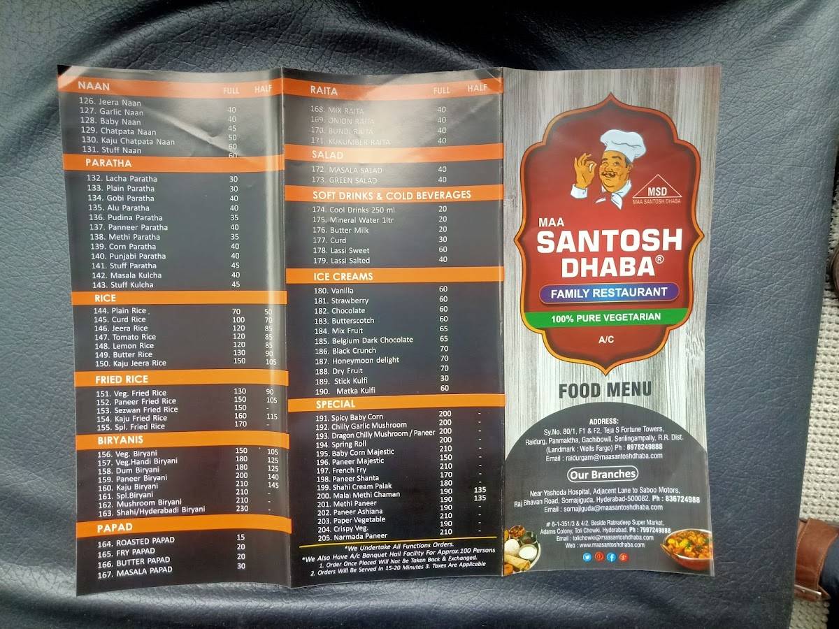 Menu at Maa Santosh Dhaba, Hyderabad, Teja