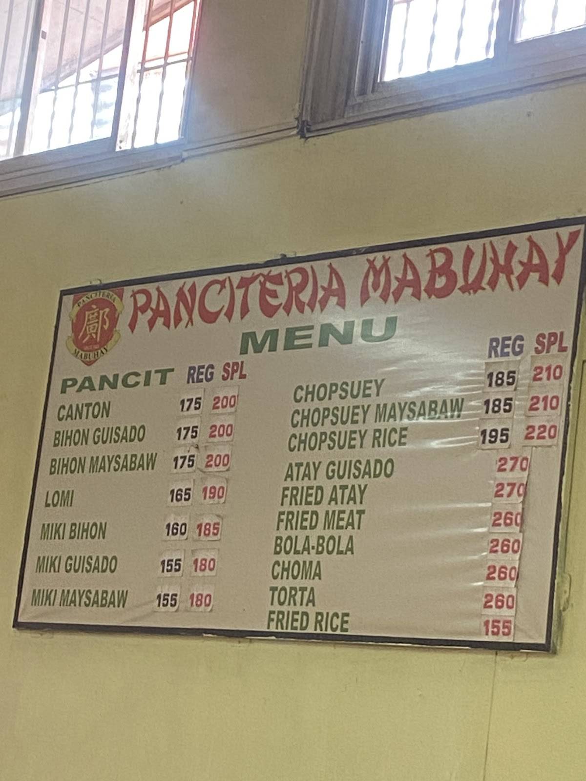Menu at Mabuhay Panciteria restaurant, Calapan