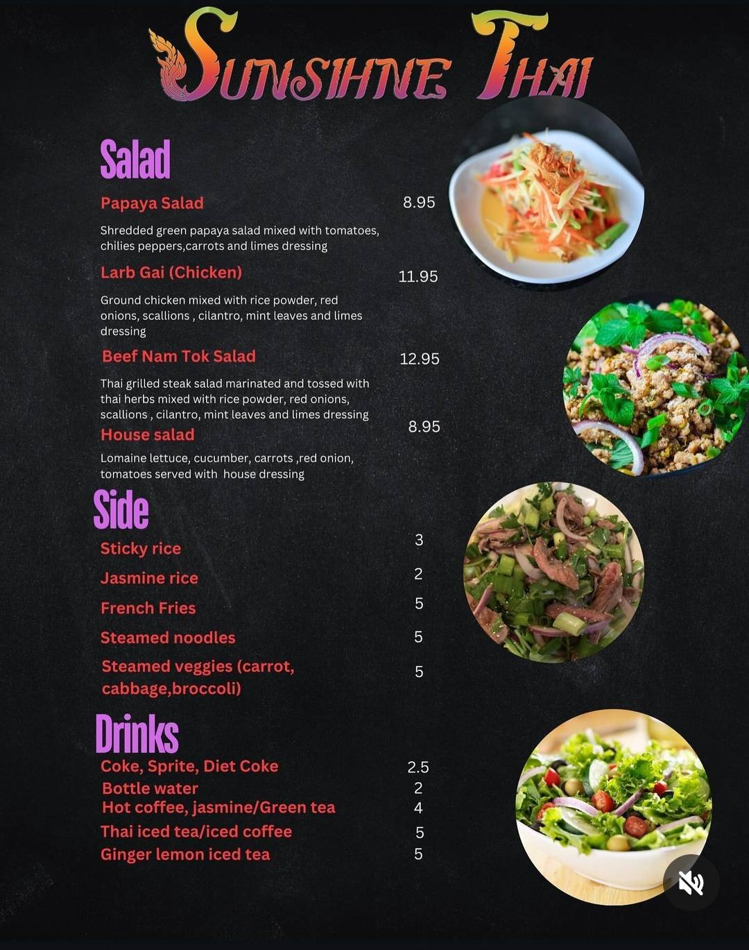 Menu at Sunshine Thai restaurant, Macclenny