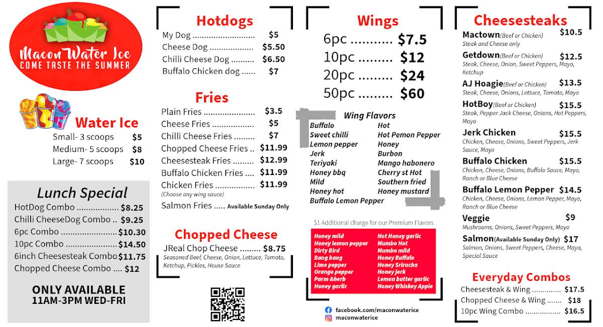 Menu at Macon Water Ice restaurant, Macon