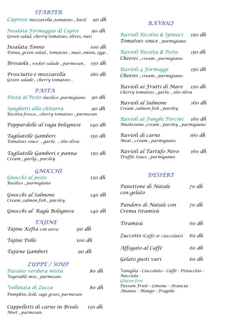 Menu at Macondo restaurant, Tangier