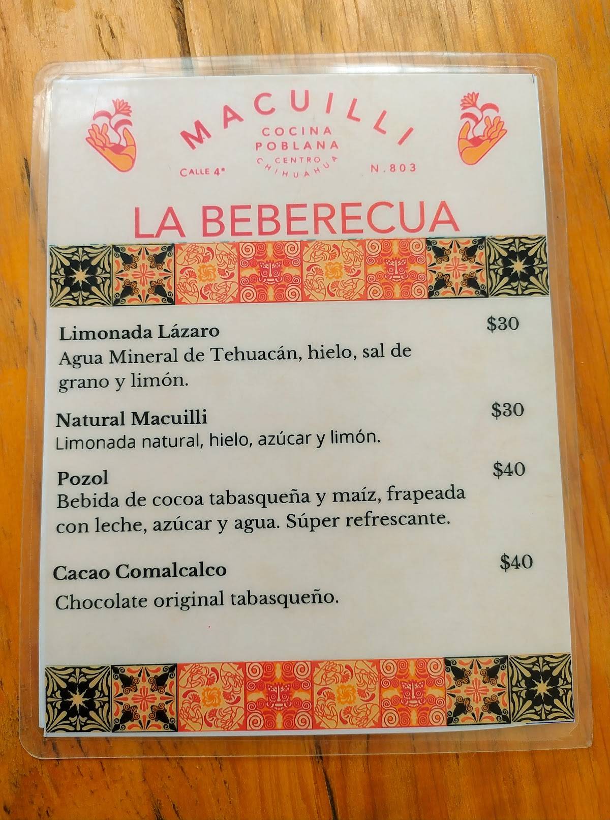 Carta del restaurante Macuilli, Chihuahua