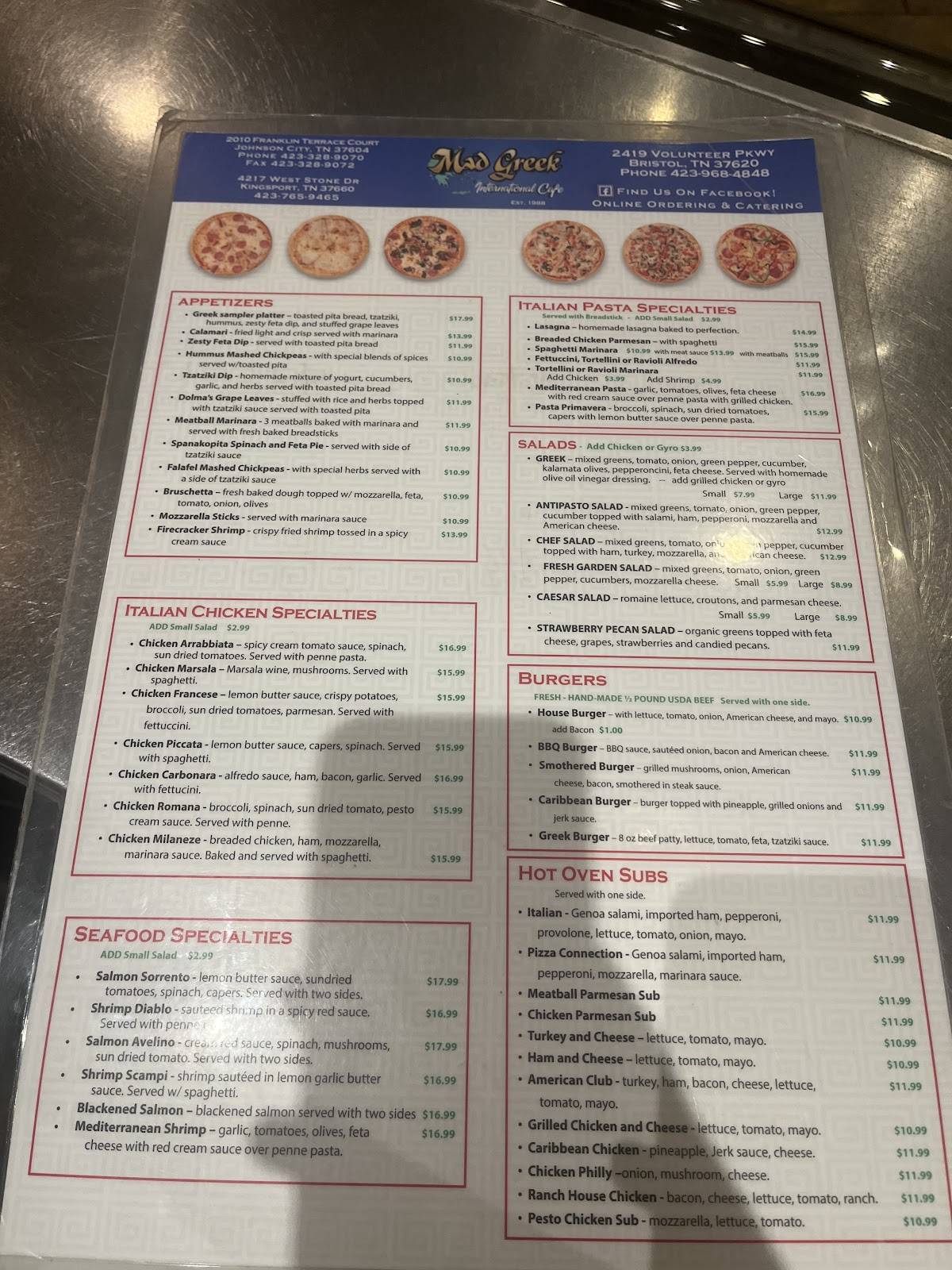Menu at Mad Greek Restaurant, Johnson City