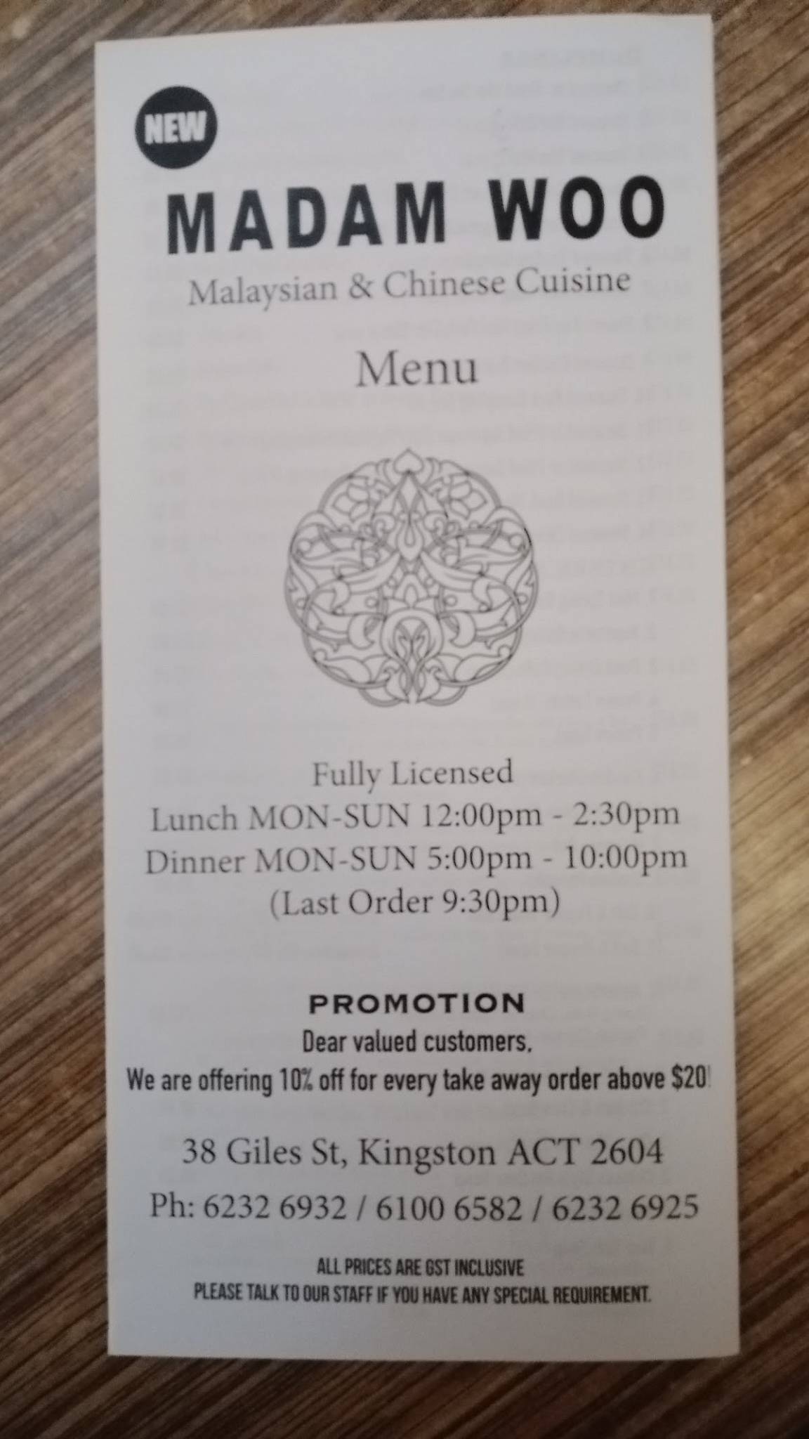 Menu at Madam Woo restaurant, Kingston