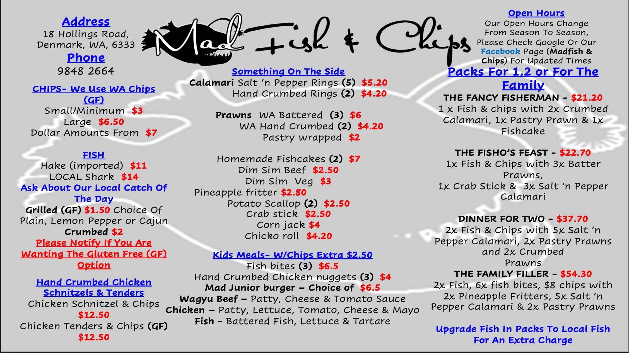 Menu at Madfish & Chips restaurant, Denmark