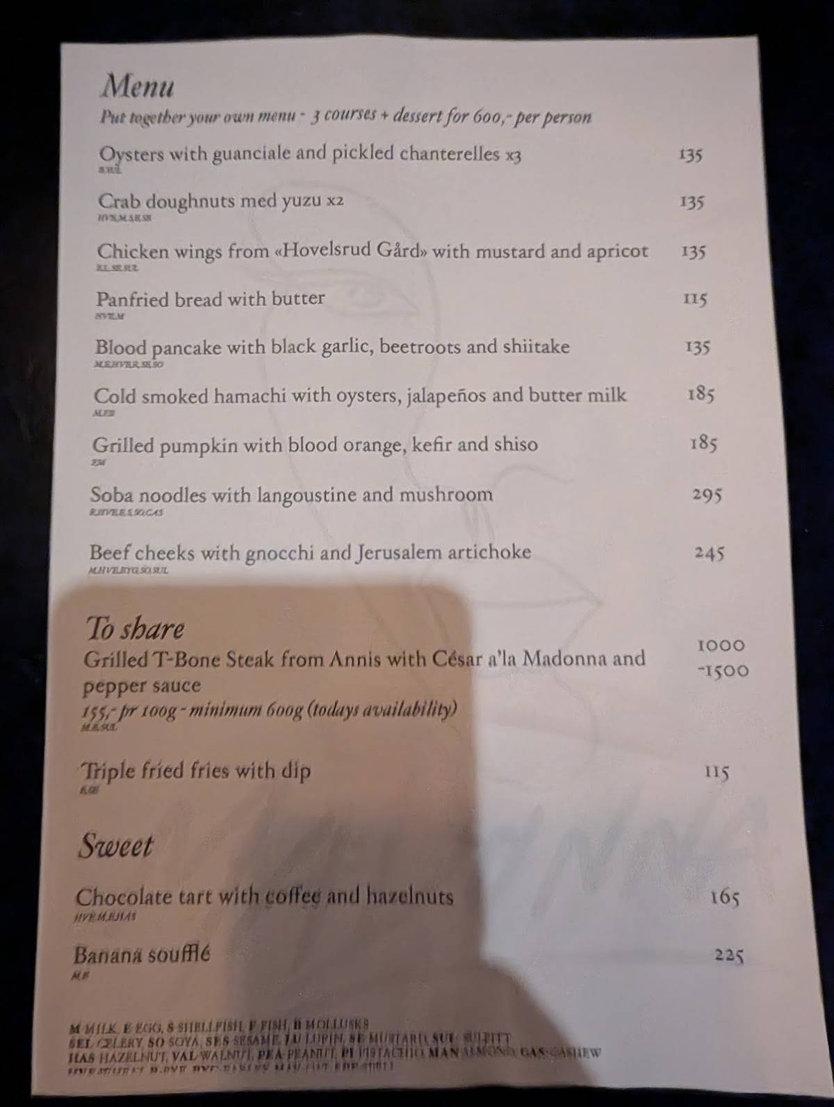 Menu at Madonna restaurant, Oslo