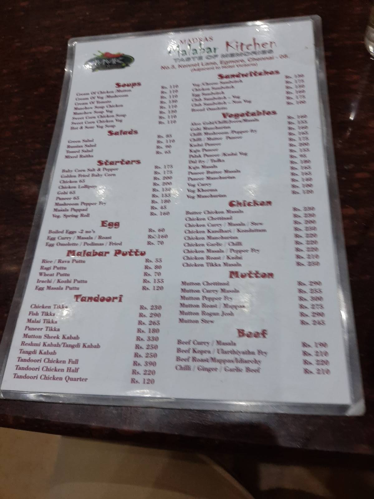 Menu at Madras Malabar Kitchen (MMK), Chennai