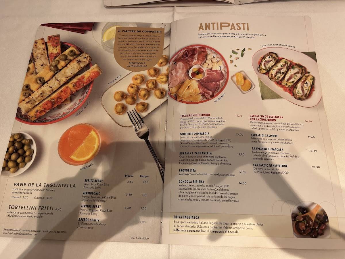 Carta de Restaurante La Tagliatella, Madrid, Avenida Felipe II