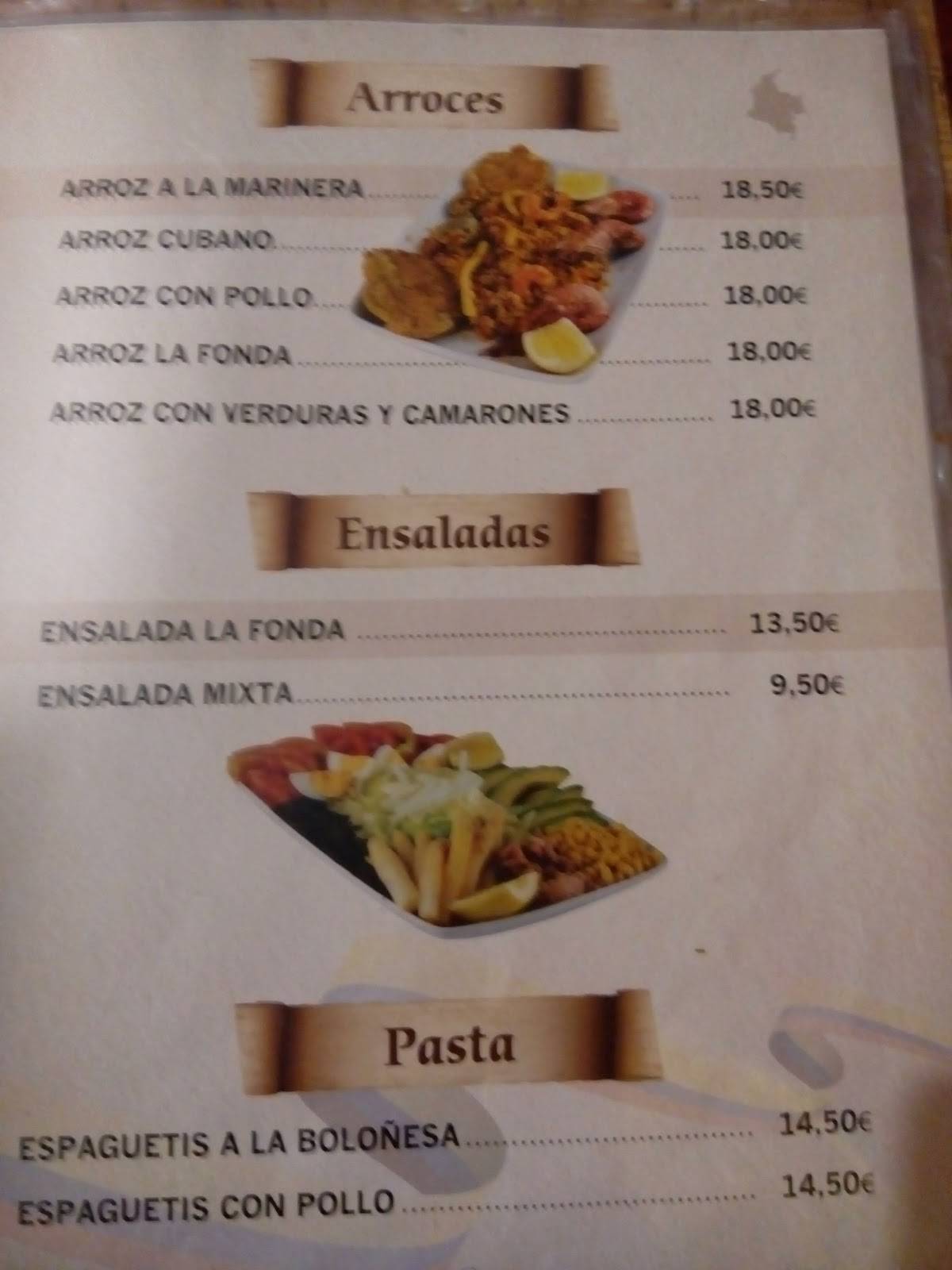 Carta de Restaurante La Fonda de Colombia, Madrid