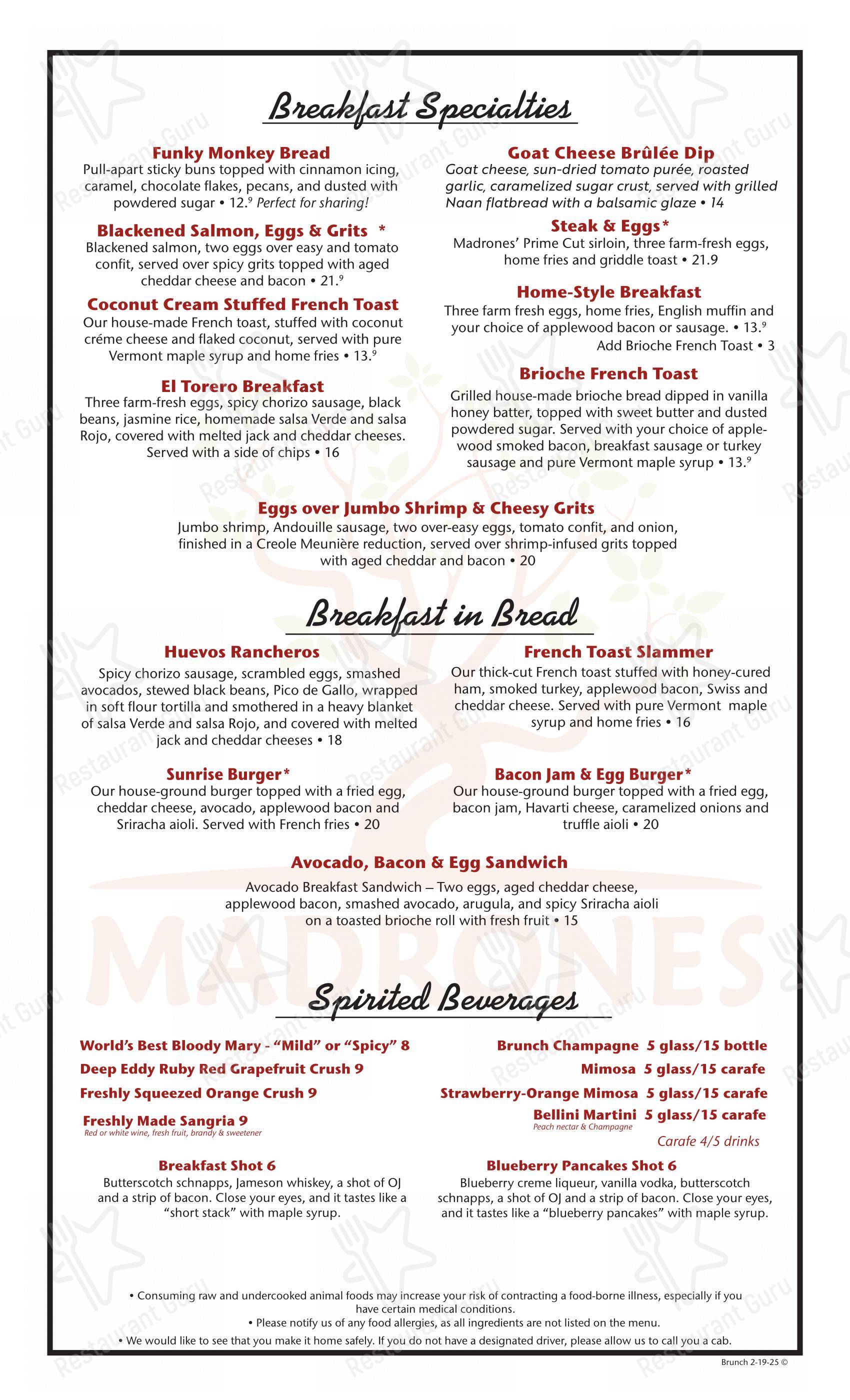 Menu at Madrones pub & bar, Frederick, Wormans Mill Rd