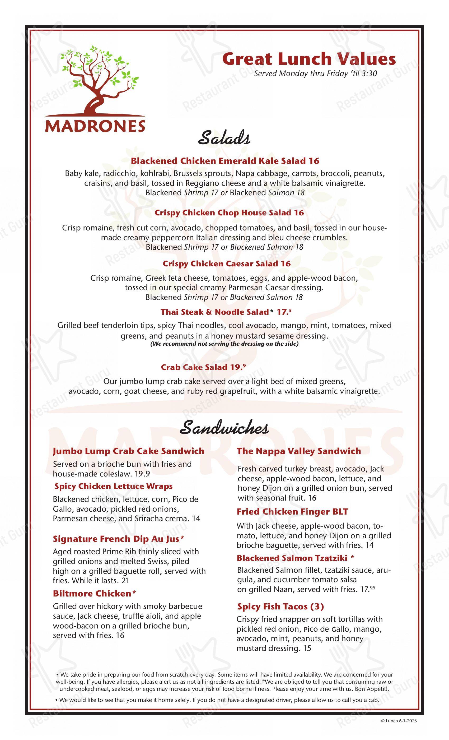 Menu at Madrones pub & bar, Frederick, Wormans Mill Rd