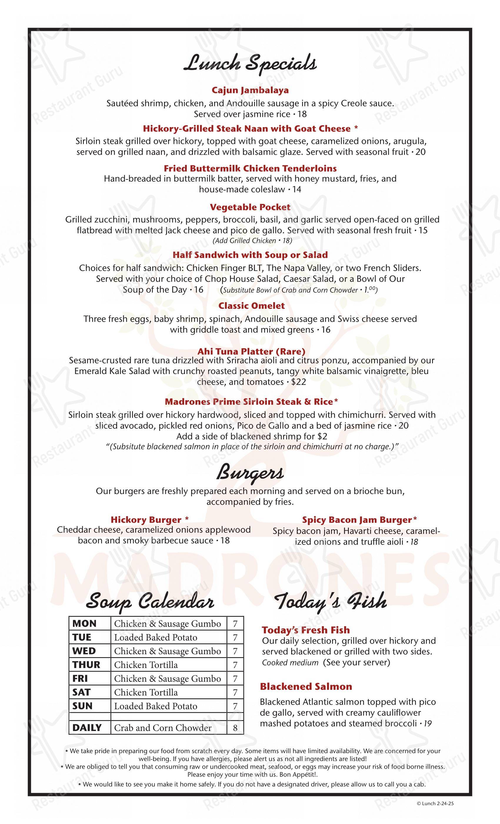 Menu at Madrones pub & bar, Frederick, Wormans Mill Rd