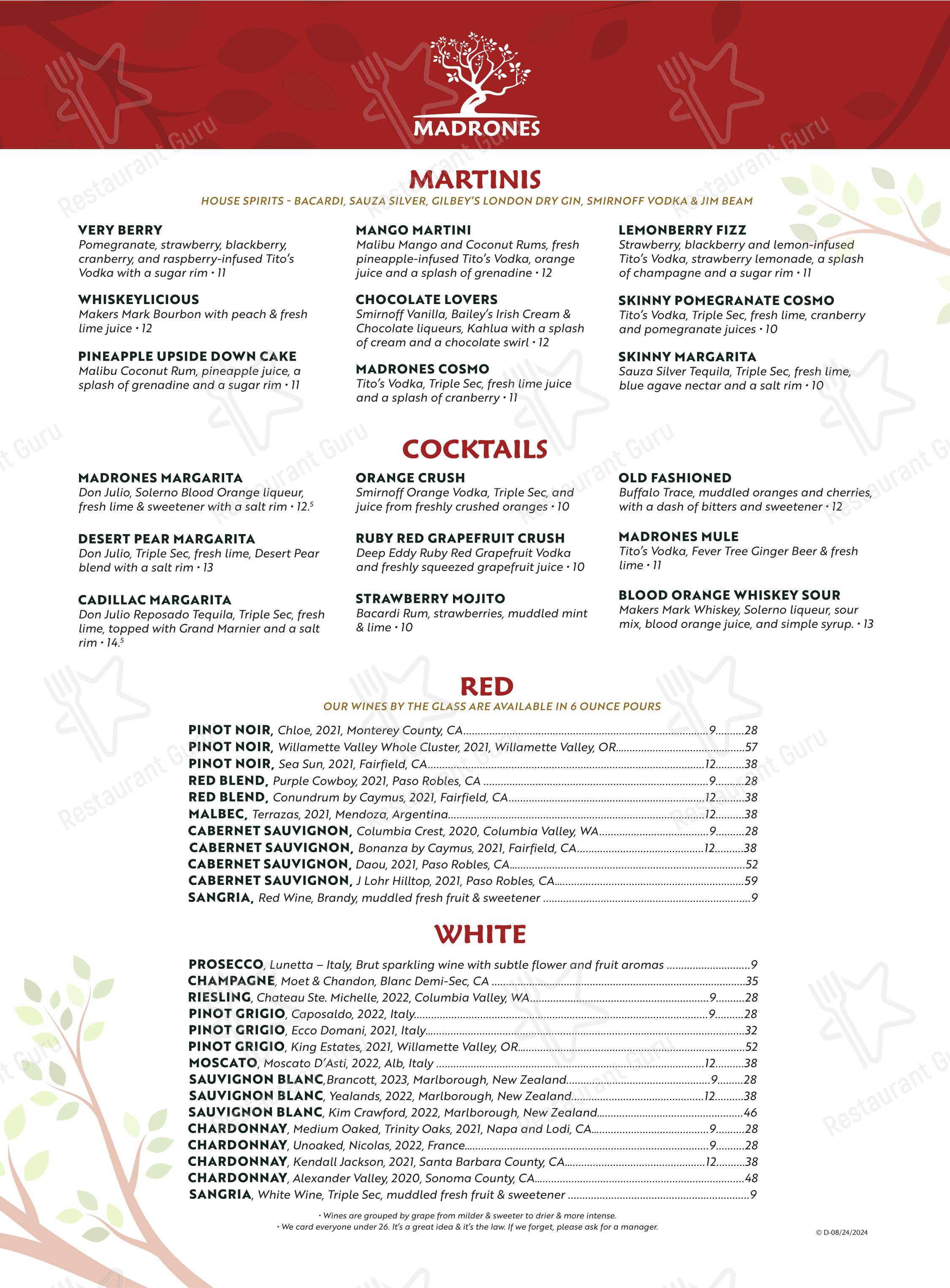 Menu at Madrones pub & bar, Frederick, Wormans Mill Rd