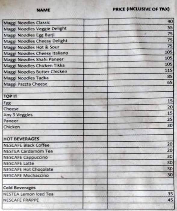 Menu at Maggi HotSpot, Gurugram