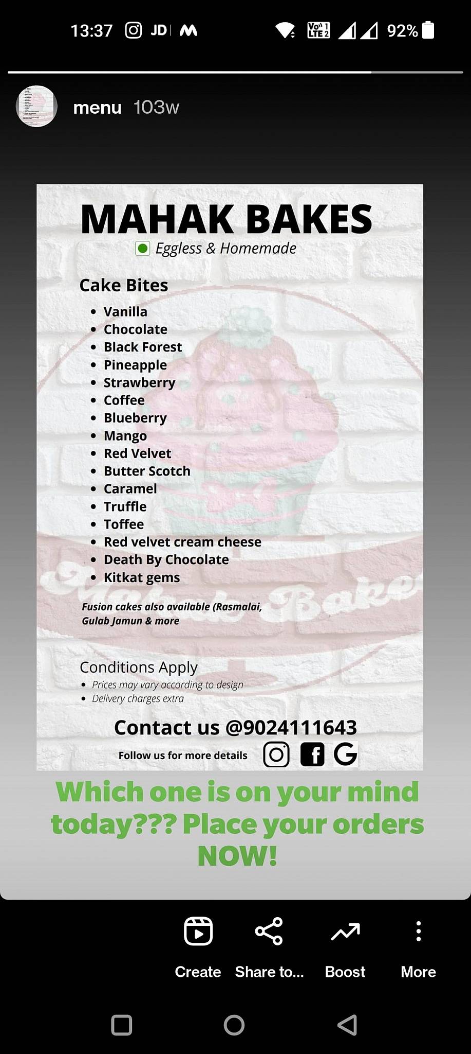 Menu at Mahak Bakes, Kolkata