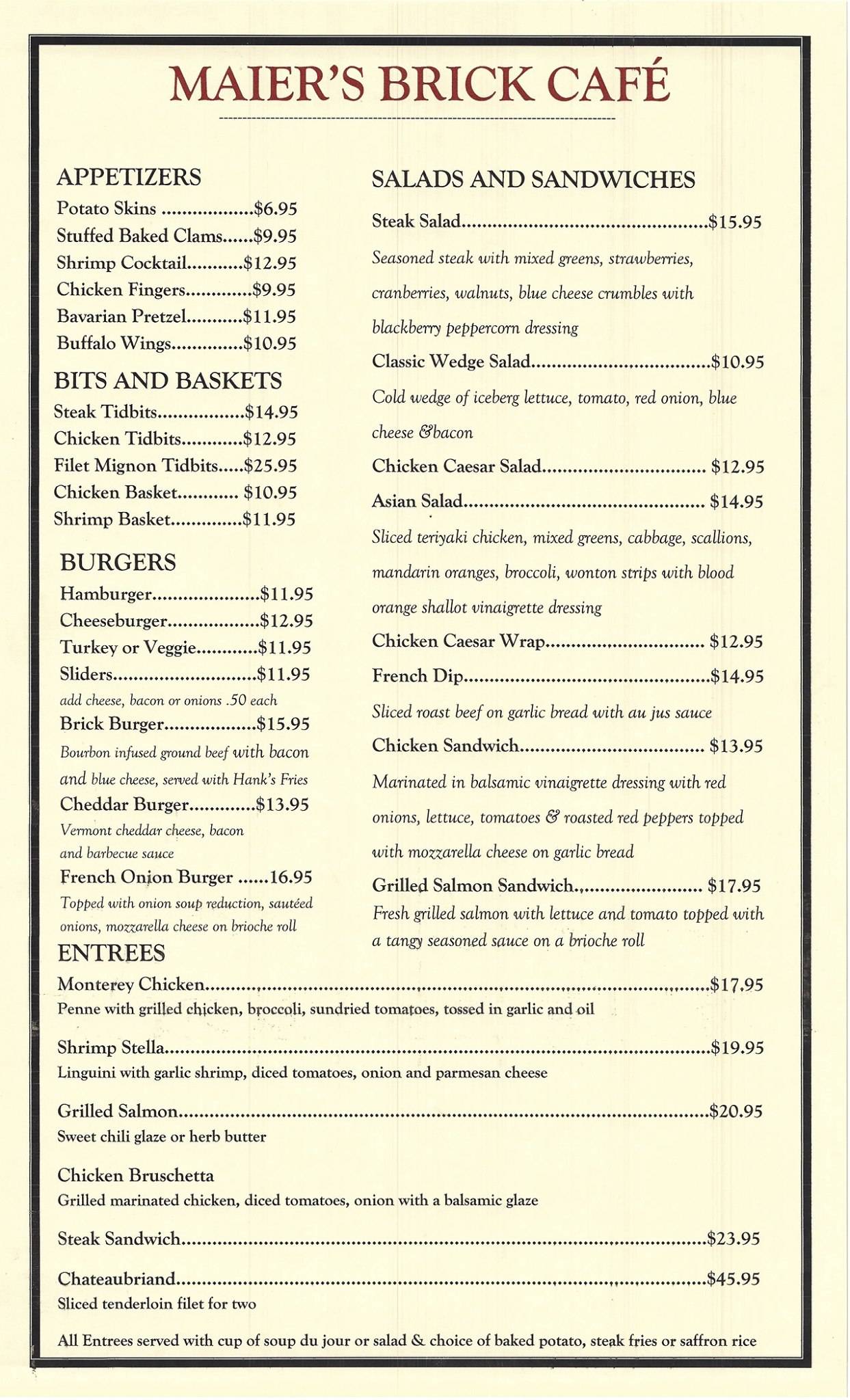 Menu at Maier's Brick Cafe, Lynbrook