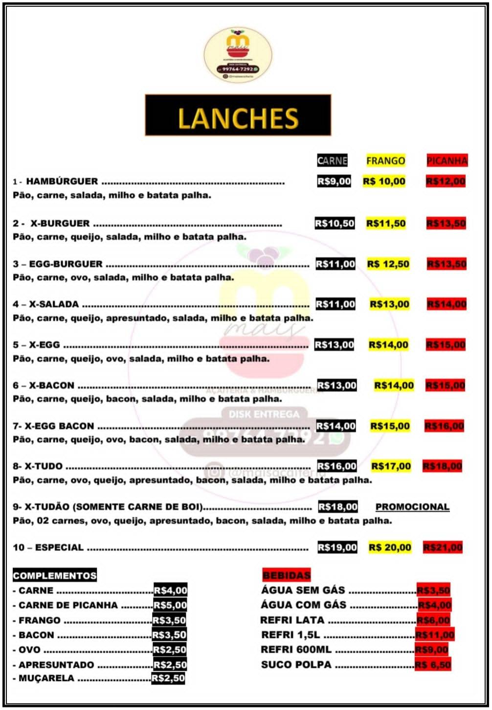Menu at Mais açai e hamburgueria, Guarapari
