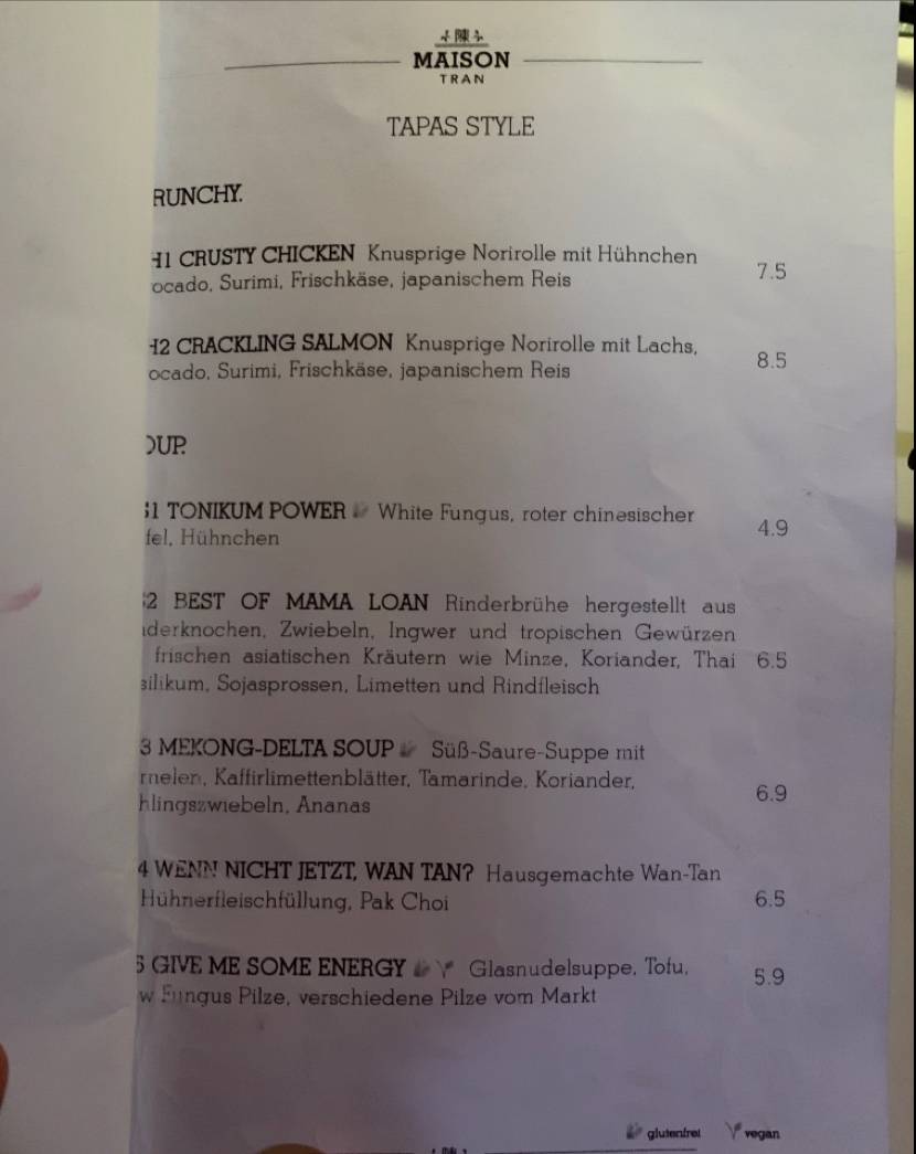 Carta del restaurante Maison Tran, Munich