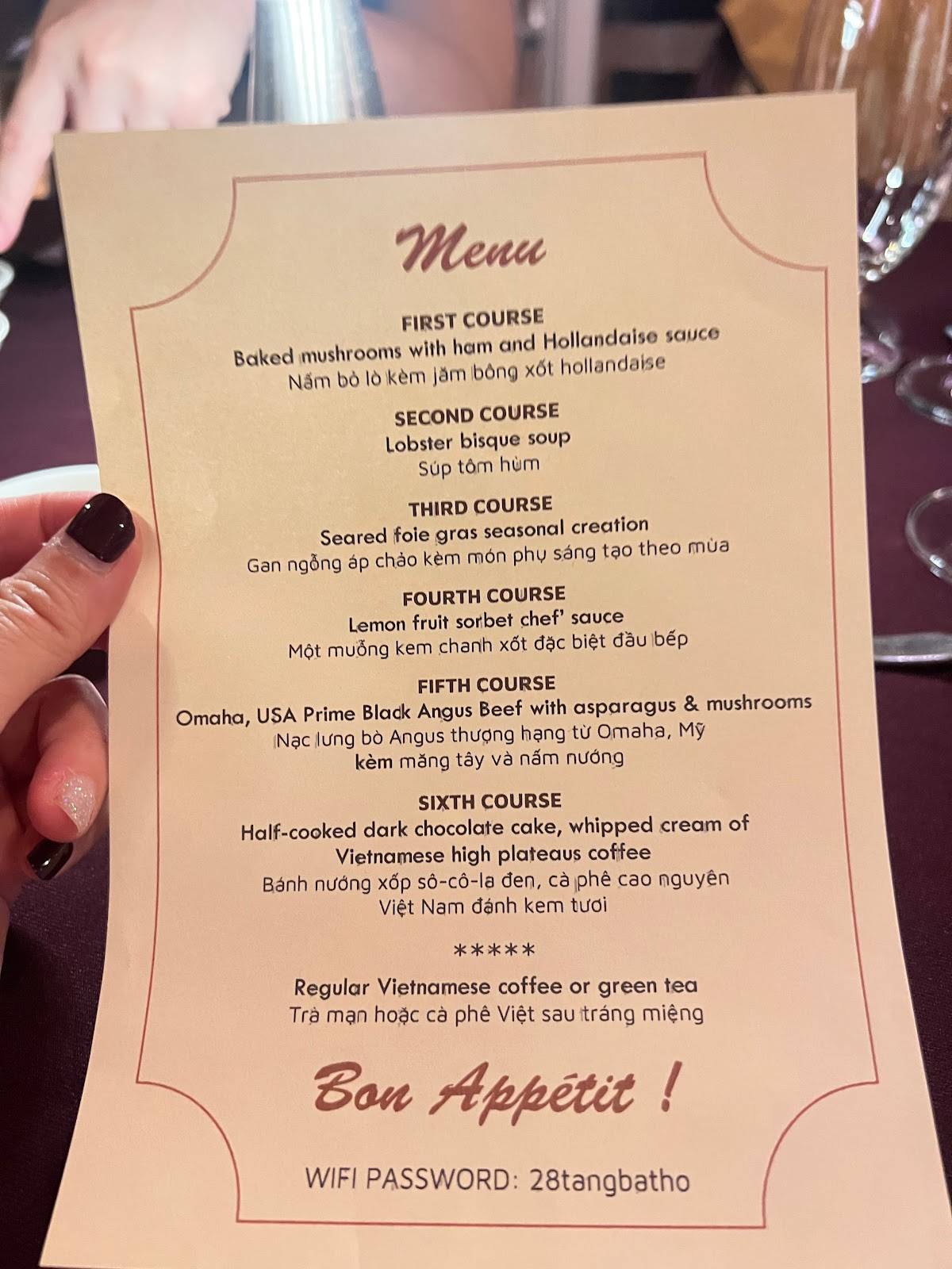 Menu at Maison Vie restaurant, Hanoi