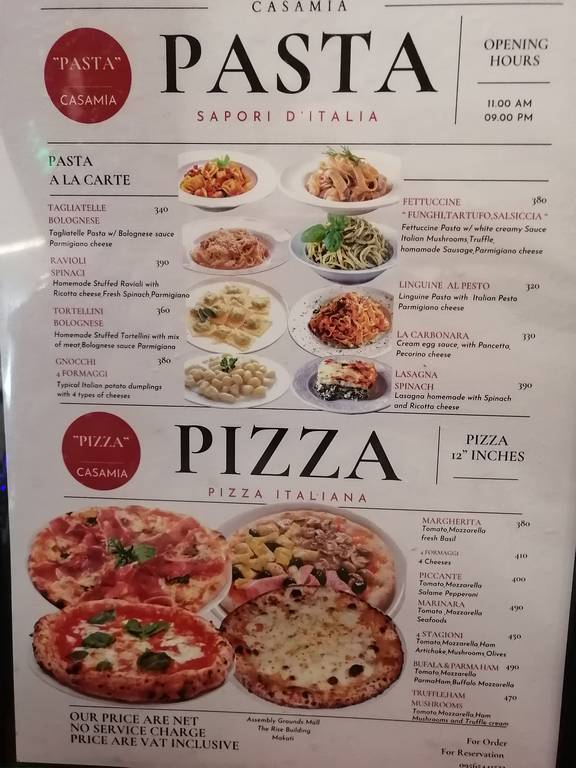 Menu at Casa Mia restaurant, Makati