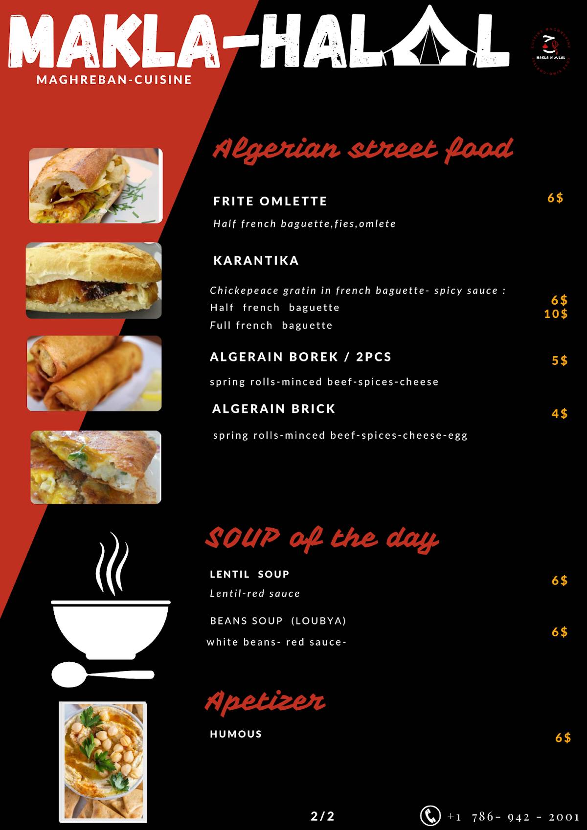 Menu at Makla halal restaurant, Miami Beach