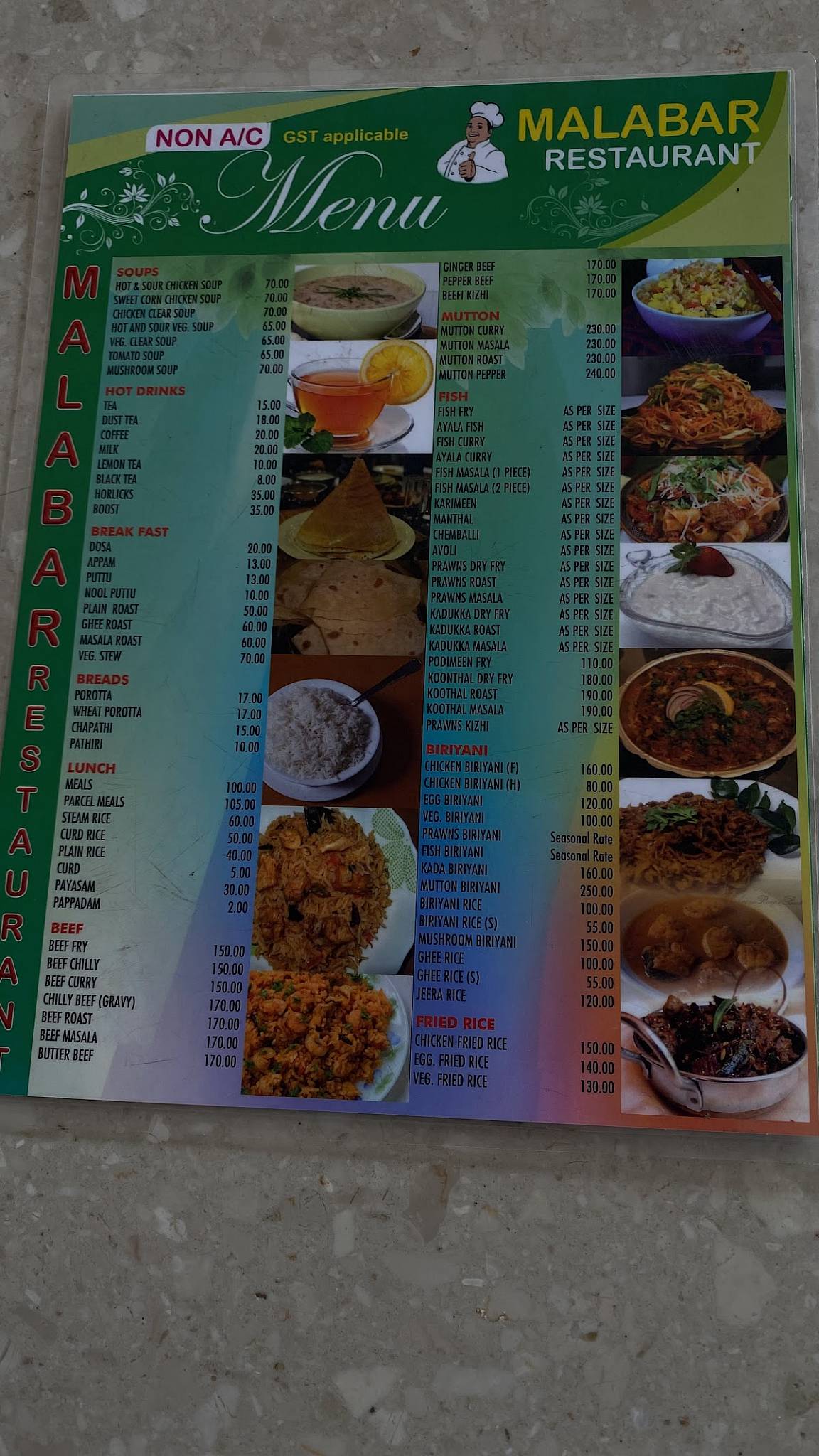 Menu at Malabar Restaurant, Kanjikode