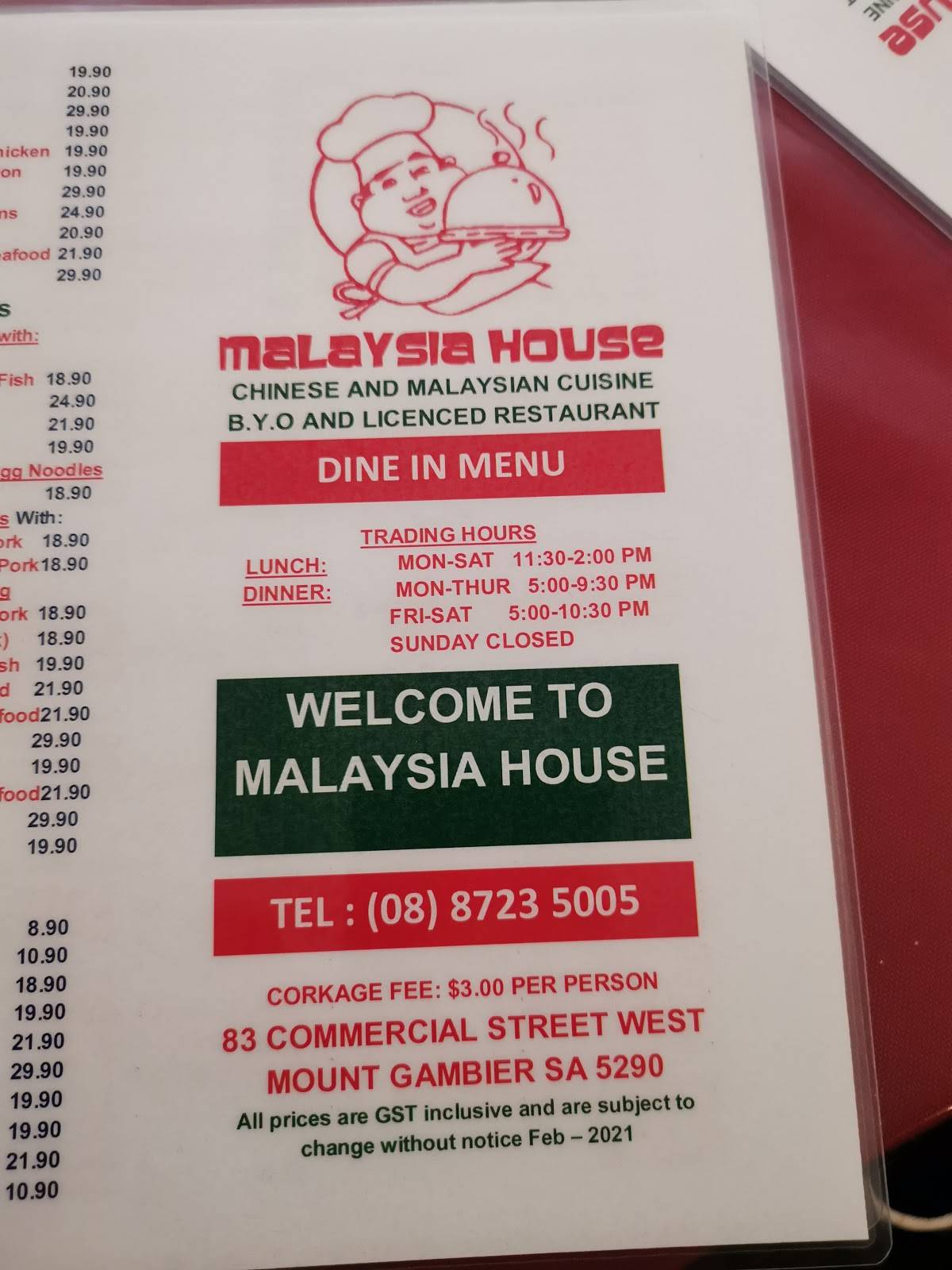 Menu at Malaysia House Restaurant, Mount Gambier