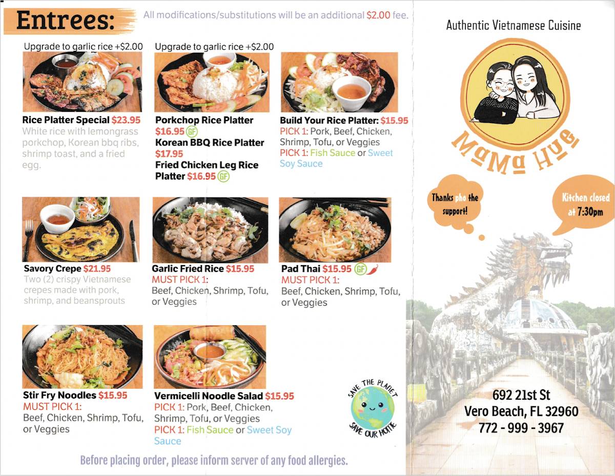 Menu at Mama Hue restaurant, Vero Beach
