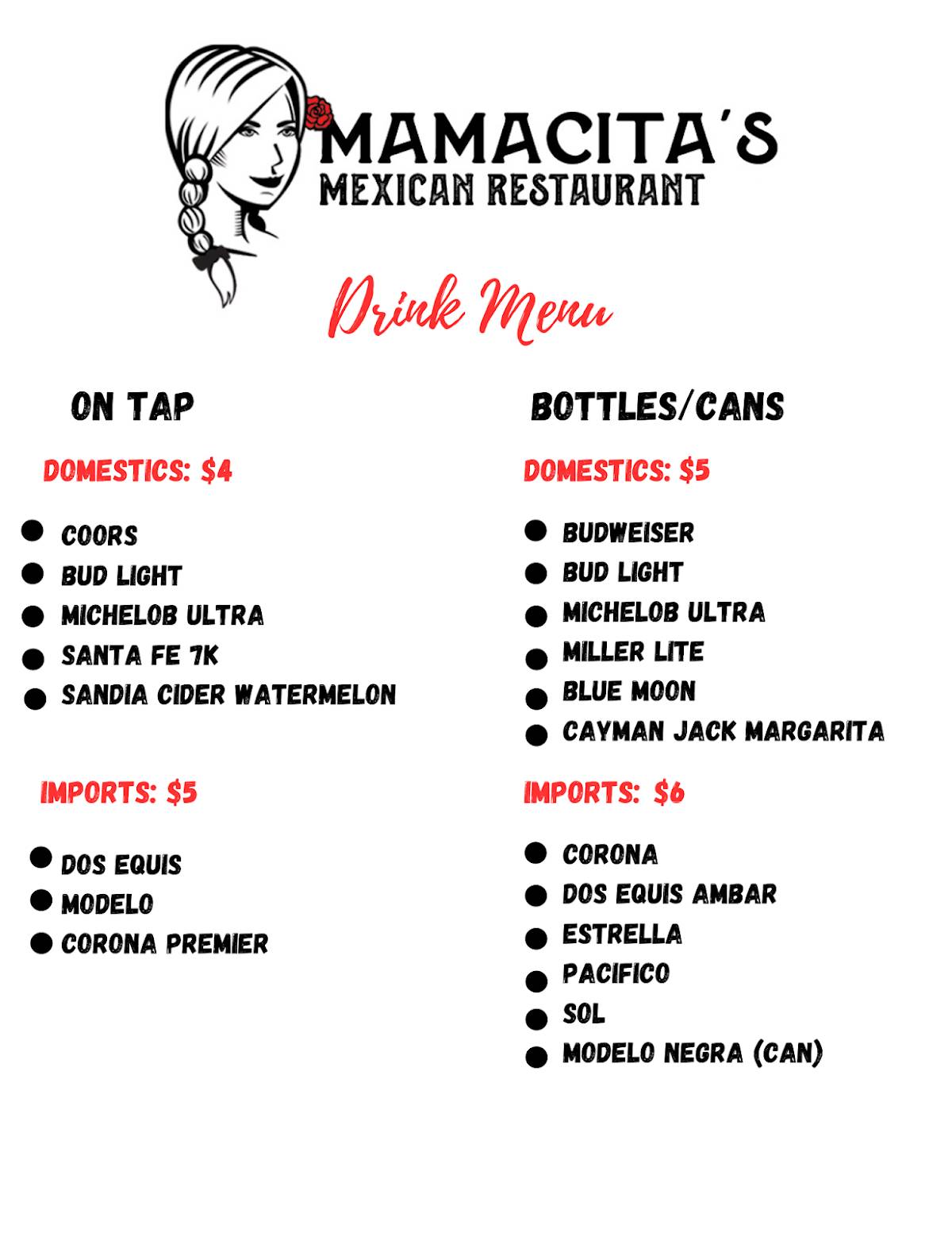 Menu at Mamacita's restaurant, Clovis