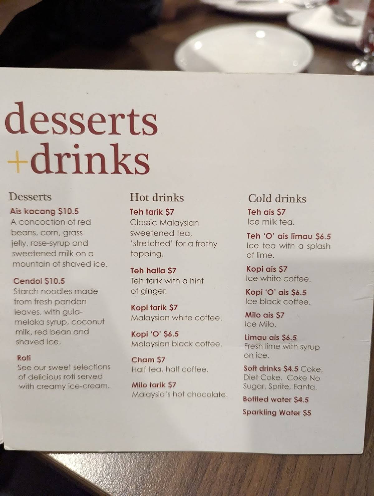 Menu at Mamak Haymarket restaurant, Haymarket, 15 Goulburn St