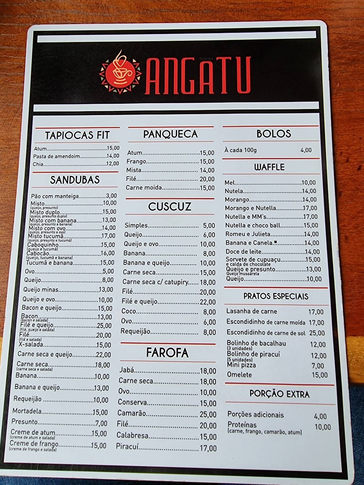 Menu em Angatú Café, Manaus